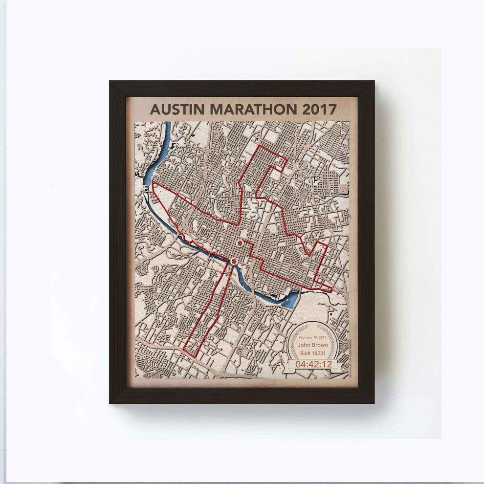 Austin Marathon Course Map - Custom Engraved Wooden Map for Runners ...
