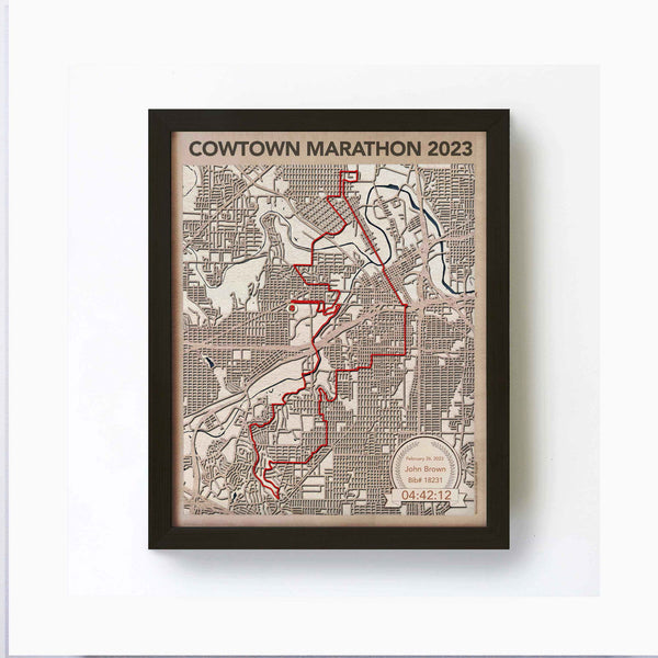 Cowtown Marathon Course Map - Custom Engraved Wooden Map for Runners ...