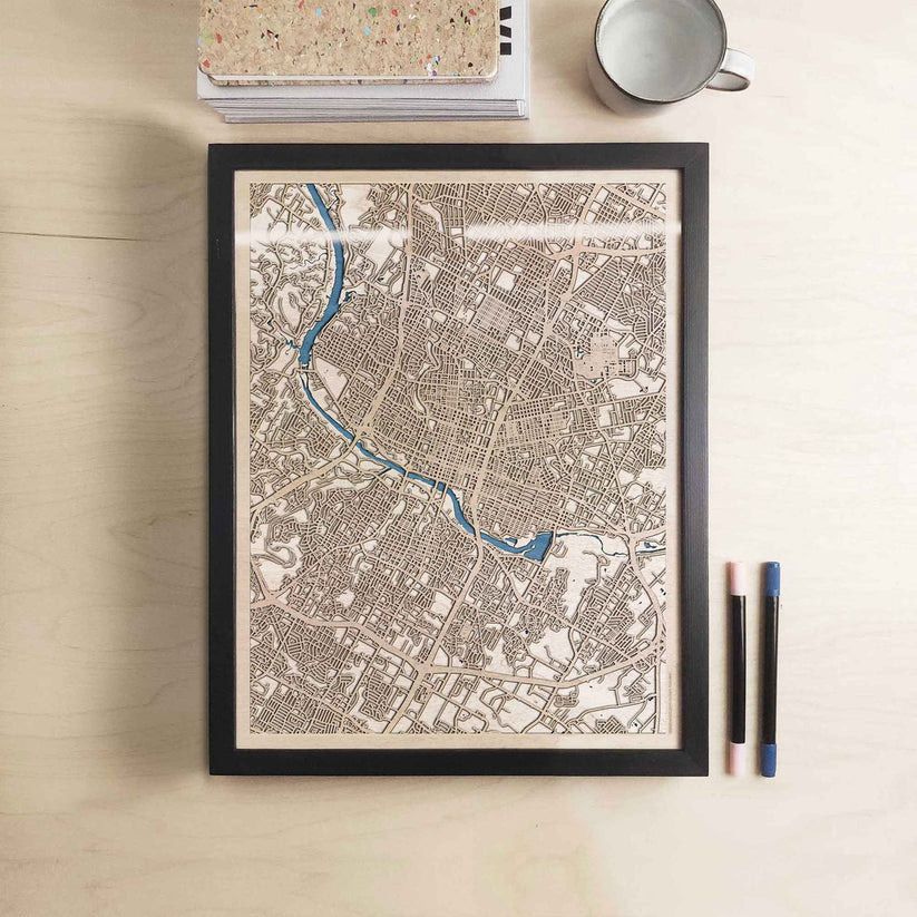 Wooden street map of Austin - art, engraved, detailed, topographic ...