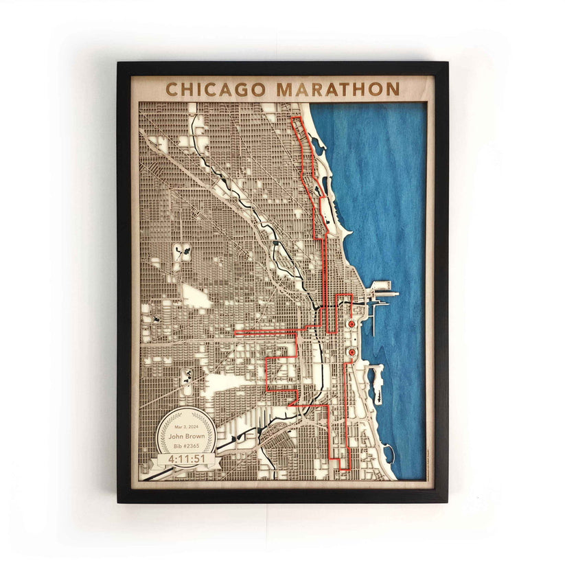 Chicago Marathon Course Map - Custom Engraved Wooden Map for Runners ...