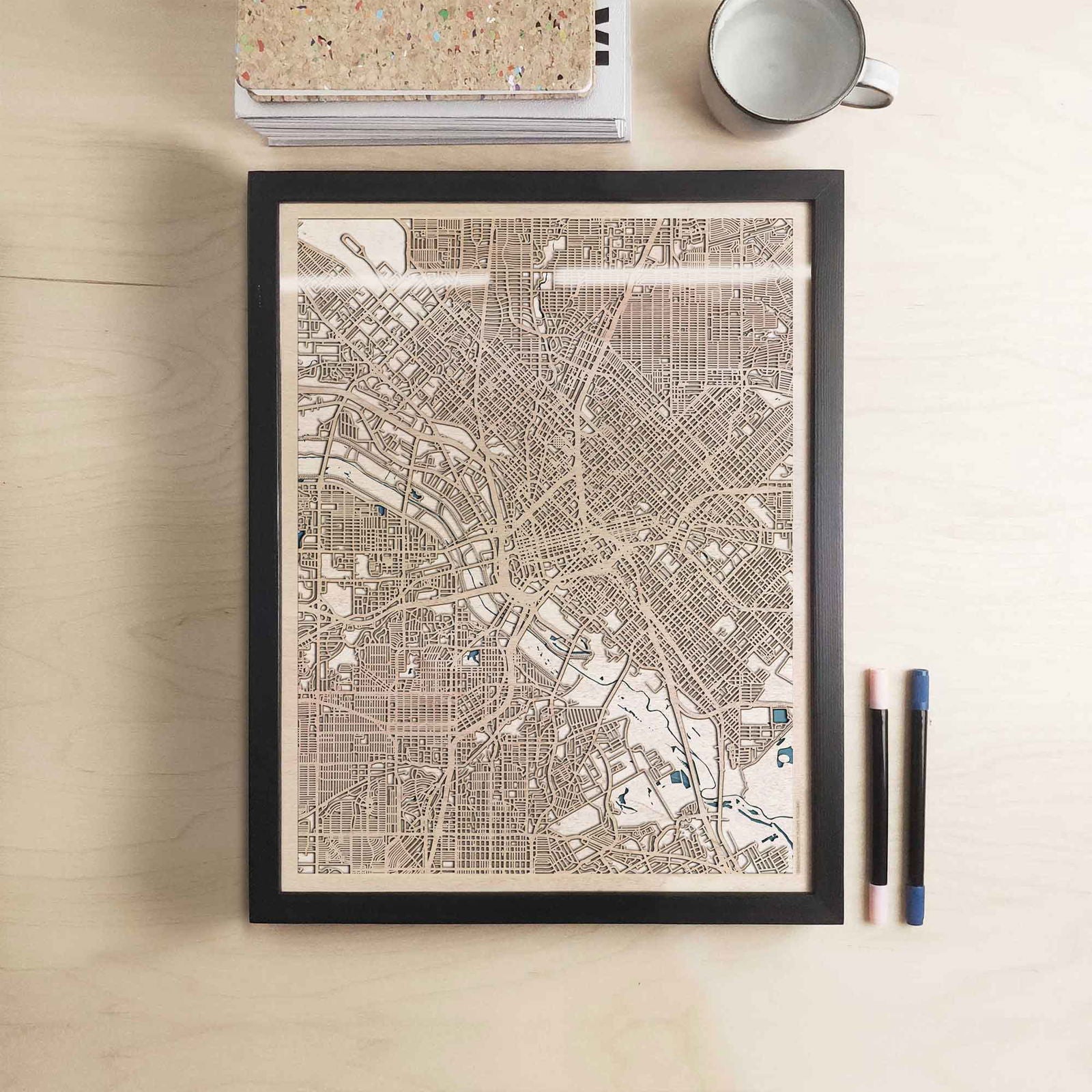 Wooden street map of Dallas - 3D, topographic, engraved - CityWood