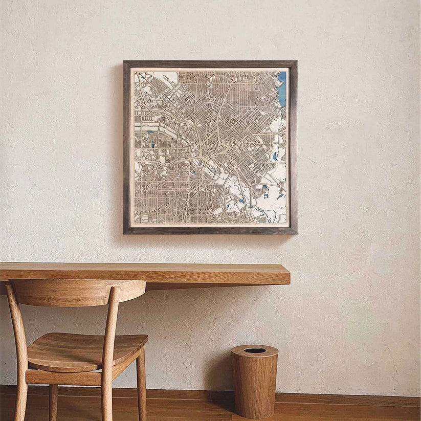 Wooden street map of Dallas - 3D, topographic, engraved - CityWood