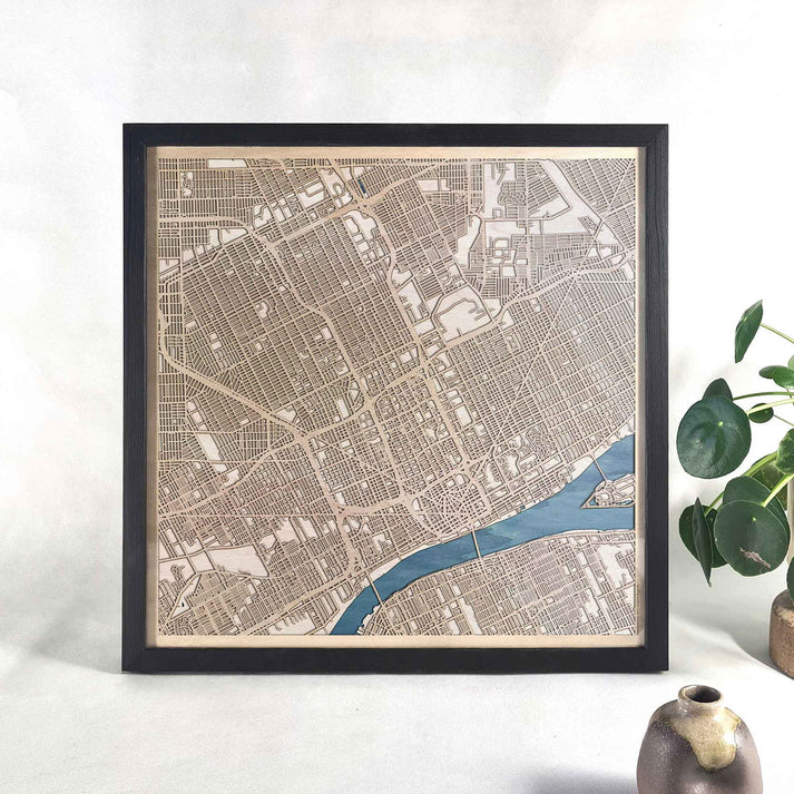 Wooden street map of Detroit - 3D, topographic, laser cut - CityWood