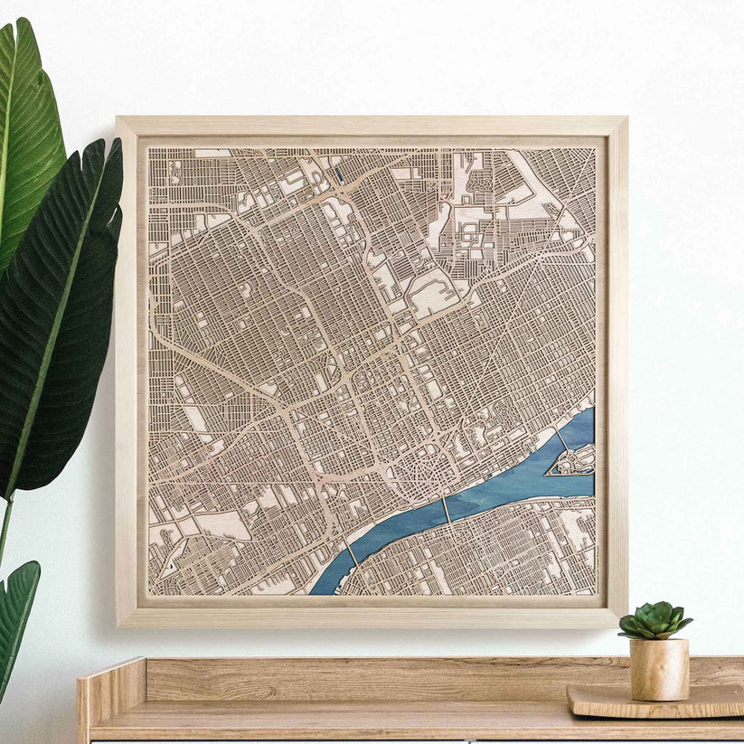 Wooden street map of Detroit - 3D, topographic, laser cut - CityWood