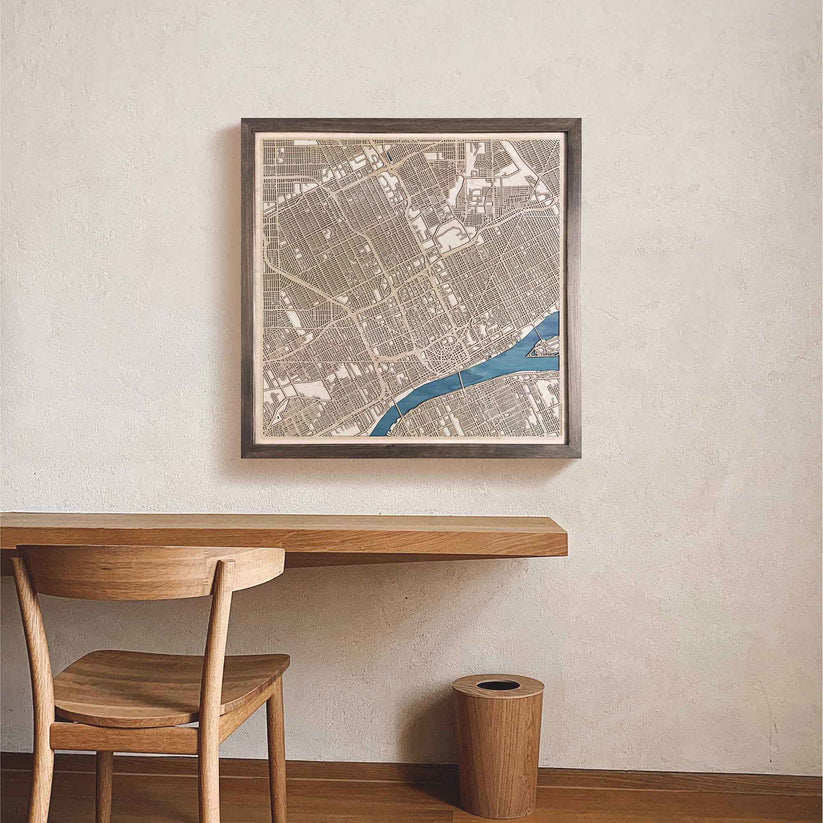 Wooden street map of Detroit - 3D, topographic, laser cut - CityWood