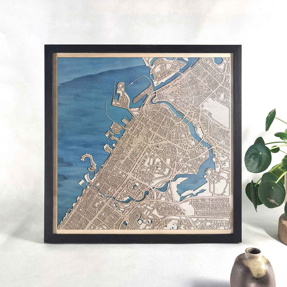 Wooden Dubai city map - 3D, topographic, street | CityWood