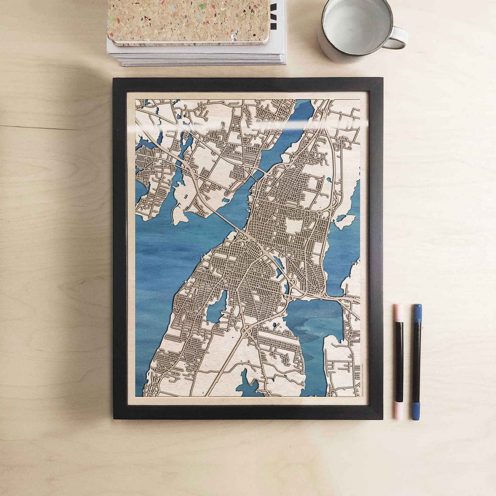 Wooden street map of Fall River - 3D, topographic, laser cut - CityWood