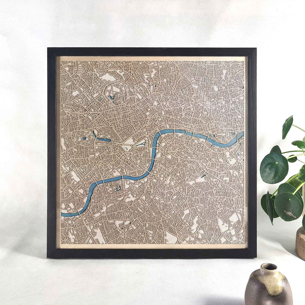 Wooden street map of London - 3D, topographic, engraved - CityWood
