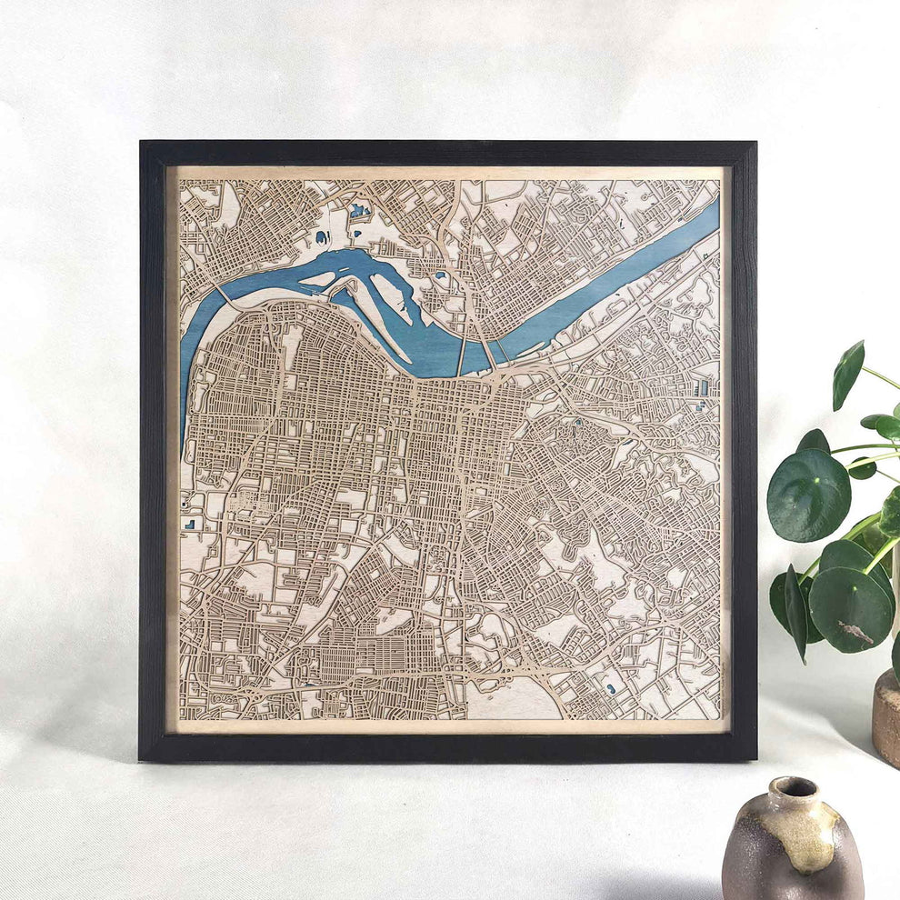 Wooden street map of Louisville - 3D, topographic, engraved - CityWood