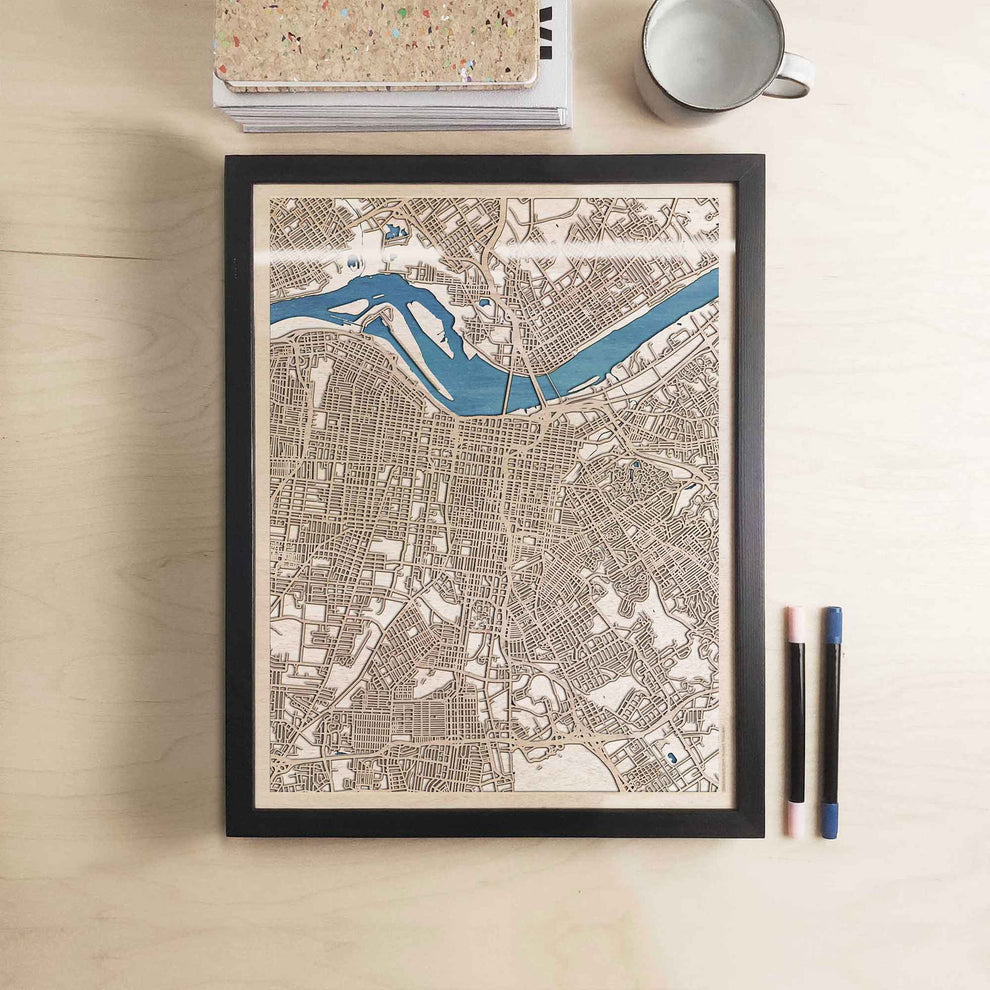 Wooden street map of Louisville - 3D, topographic, engraved - CityWood