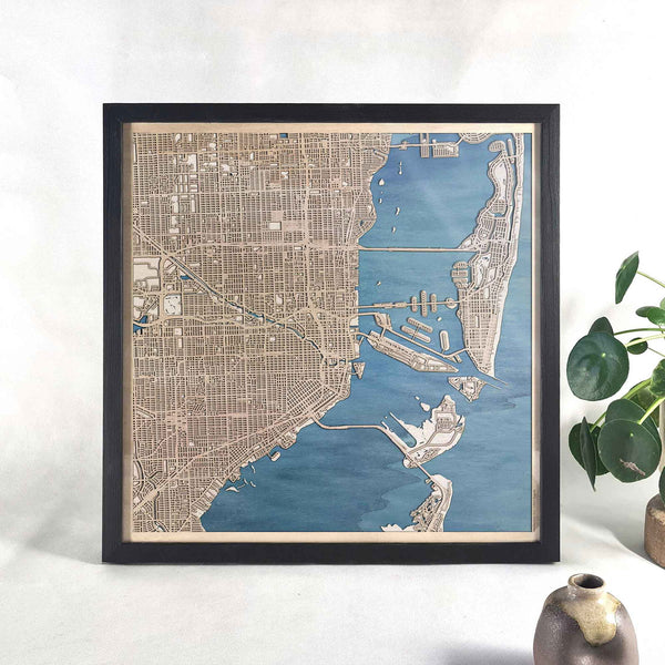 Wooden street map of Miami - 3D, topographic, engraved - CityWood
