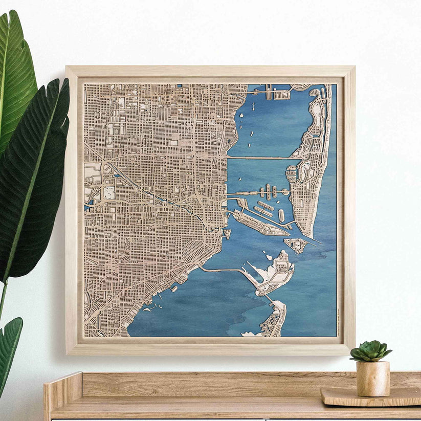Wooden street map of Miami - 3D, topographic, engraved - CityWood