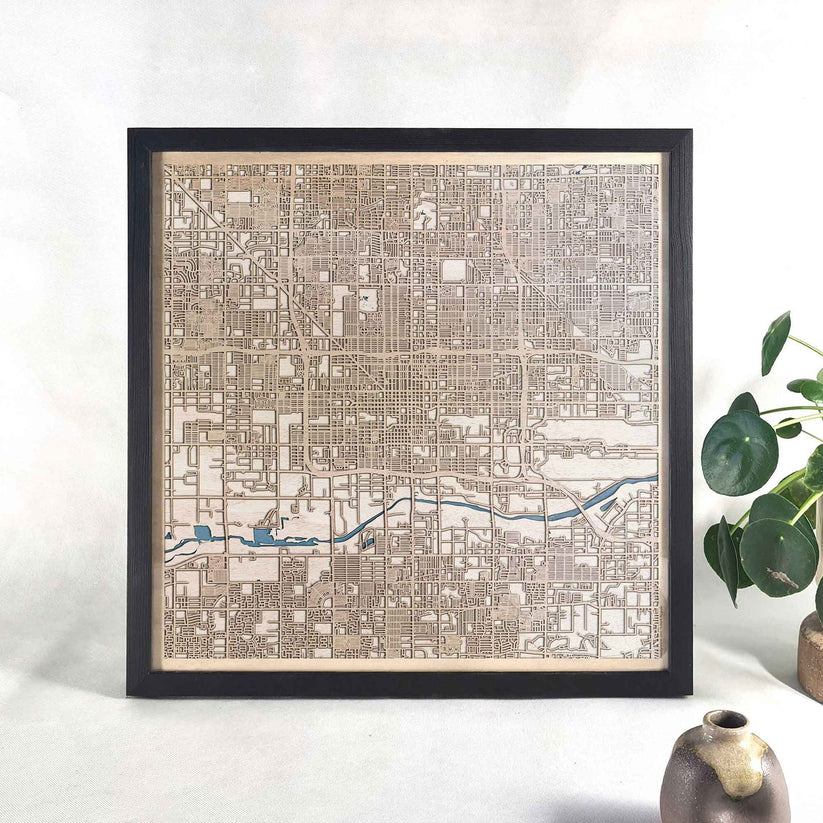 Wooden Phoenix city map - topographic, art, engraved, laser cut - CityWood