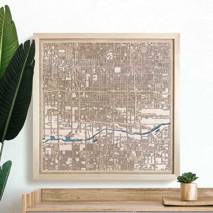 Wooden Phoenix city map - topographic, art, engraved, laser cut - CityWood