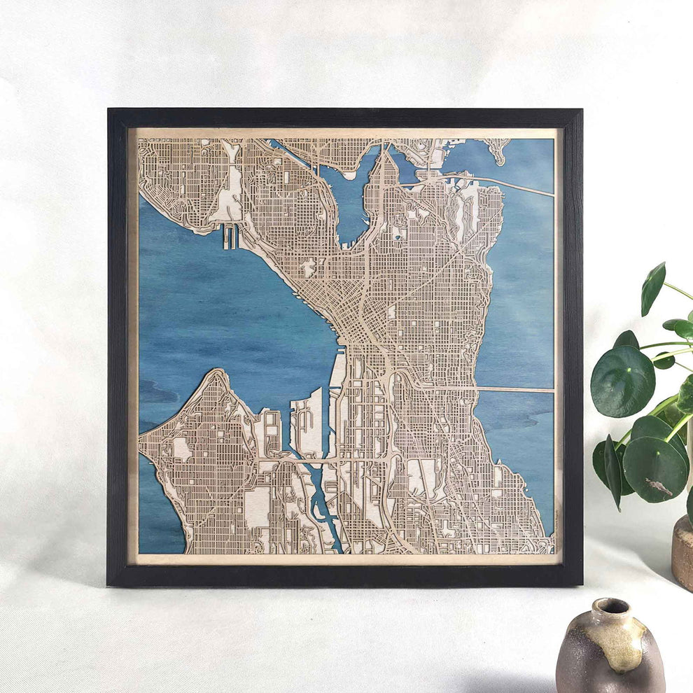 Wooden street map of Seattle - premium, engraved, custom - CityWood