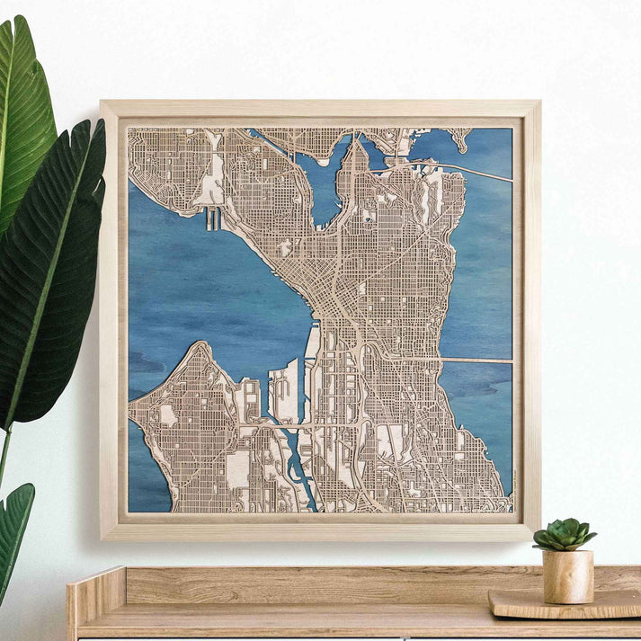 Wooden street map of Seattle - premium, engraved, custom - CityWood