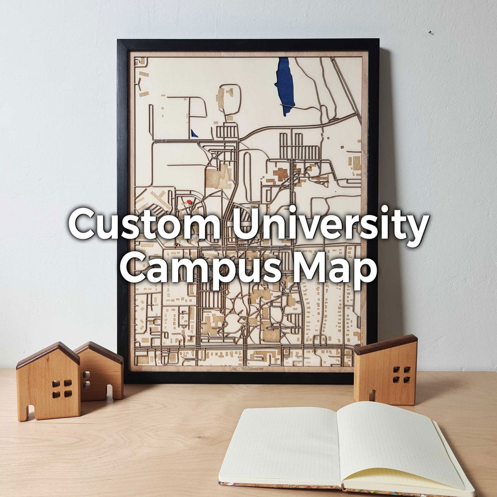 University Campus Wooden Map - Laser Cut Engraved Wood Gift - CityWood