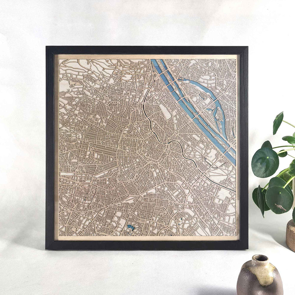 Wooden street map of Vienna - art, engraved, detailed, topographic ...